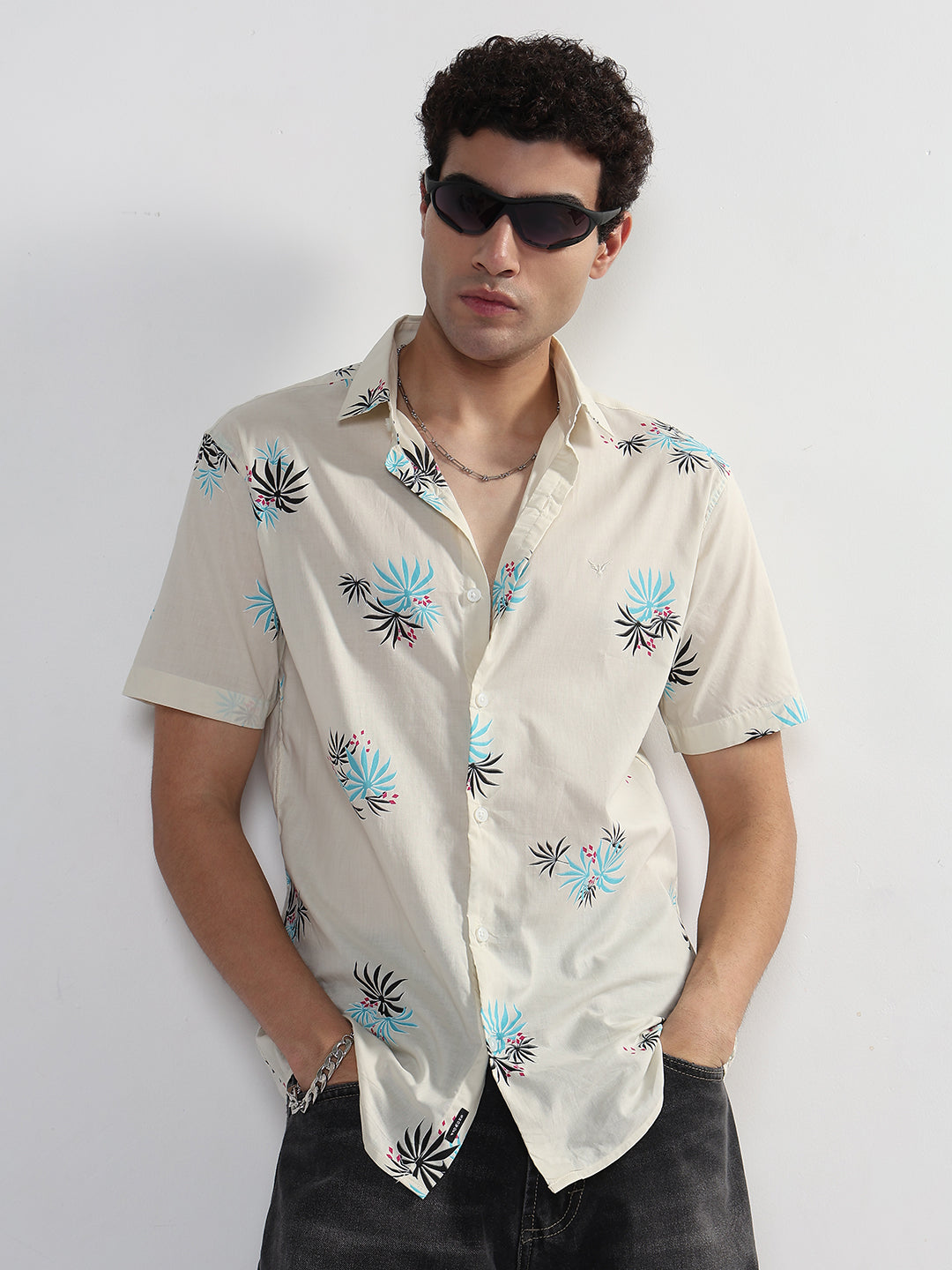SHOWOFF Men's Cream Floral Slim Fit Shirt