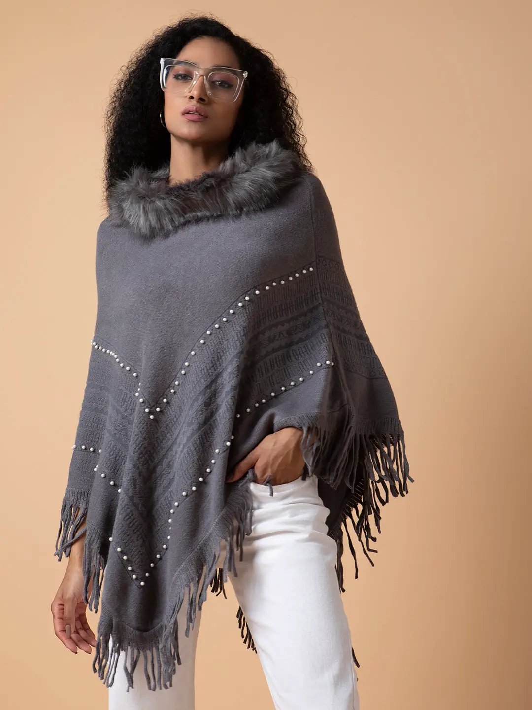 SHOWOFF Women's Solid Grey Longline Poncho