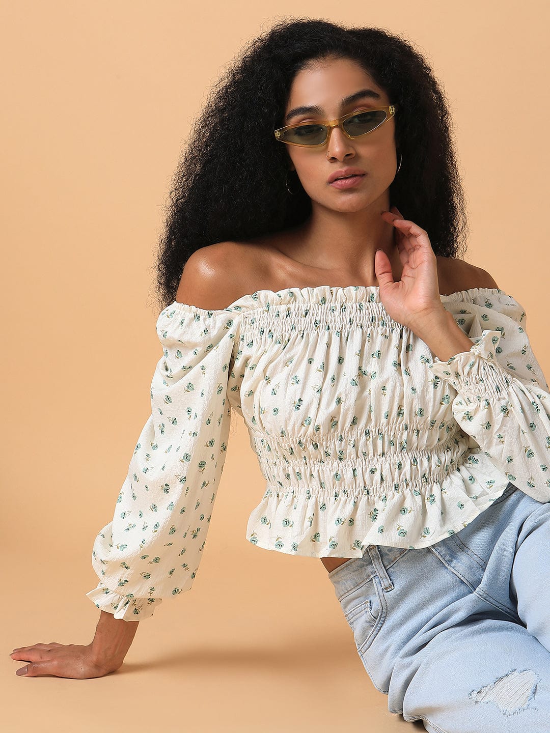 SHOWOFF Women's Floral Cream Peplum Crop Top