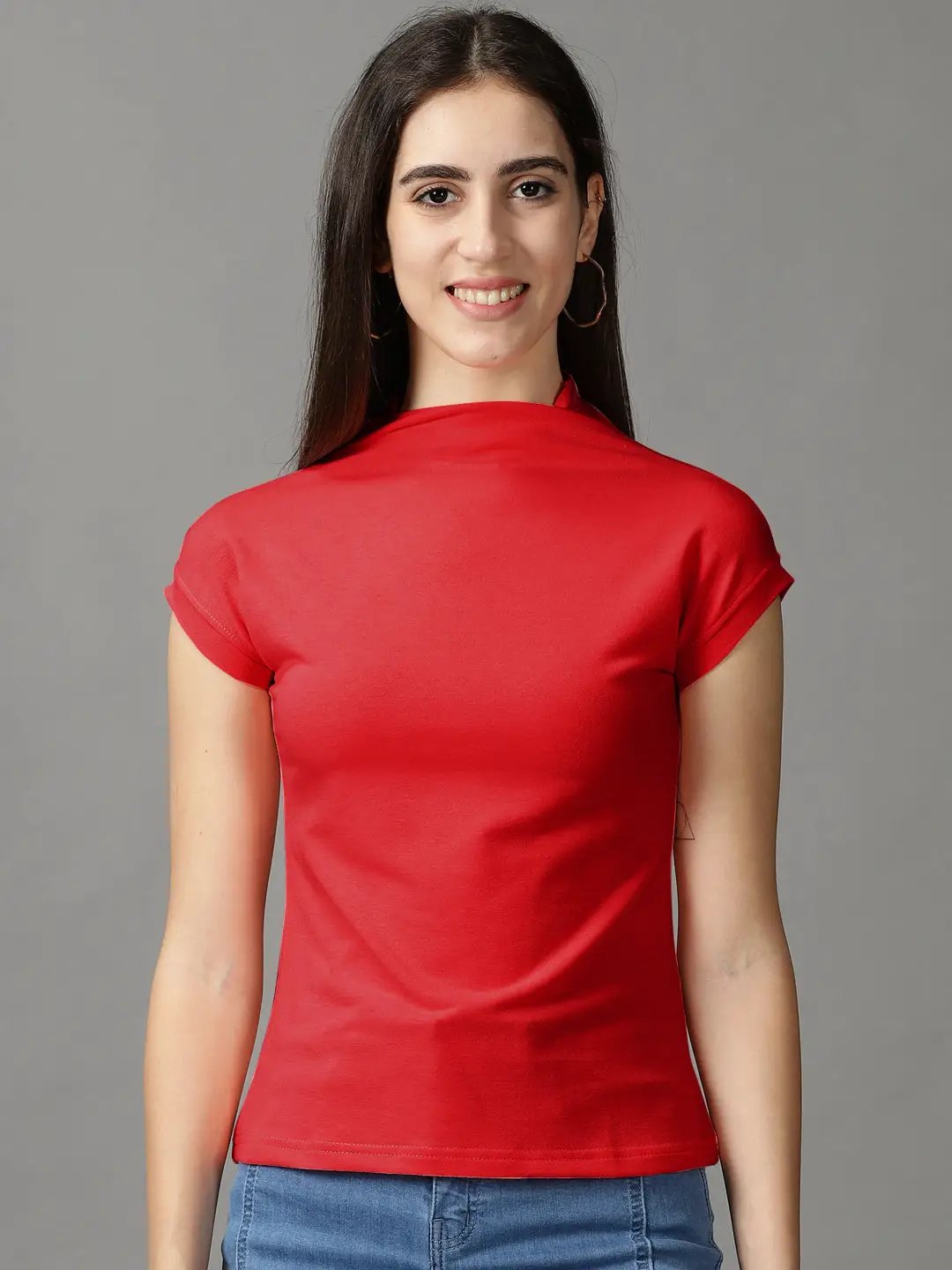 Shop Women's Casual Solid Red High Neck Top | Showoffff