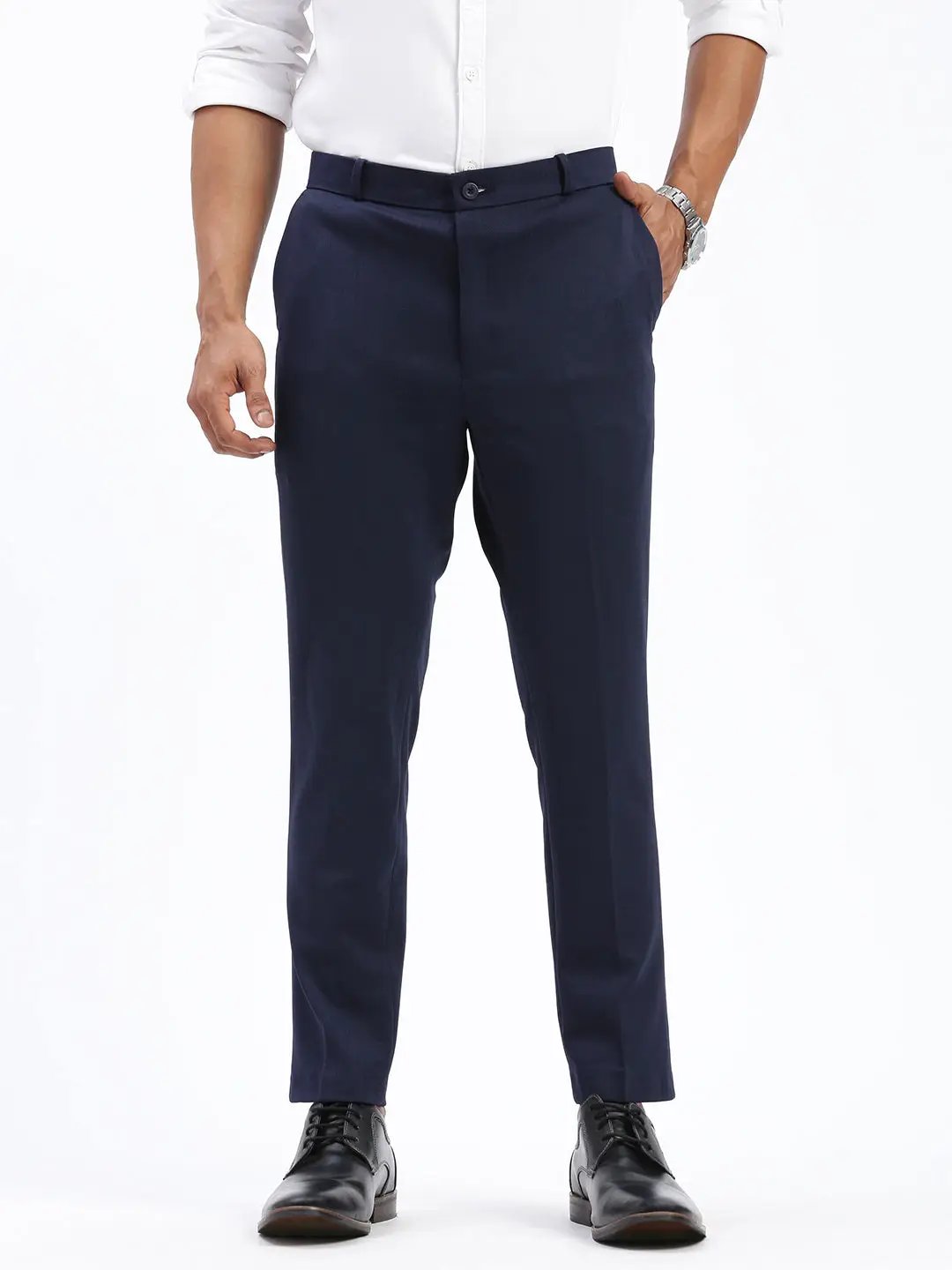 SHOWOFF Men's Solid Navy Blue Formal Trousers