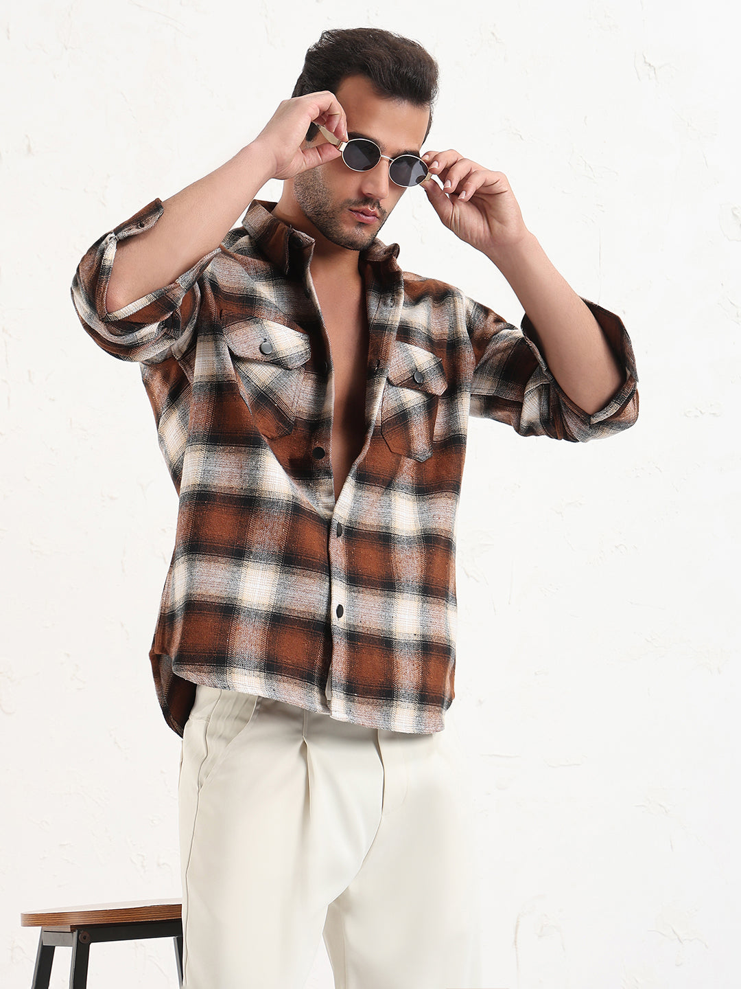 SHOWOFF Men's Brown Checked Slim Fit Shacket