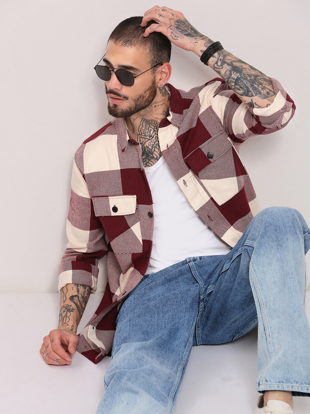 Shop Men's Maroon Checked Shacket | Showoffff Fast Fashion