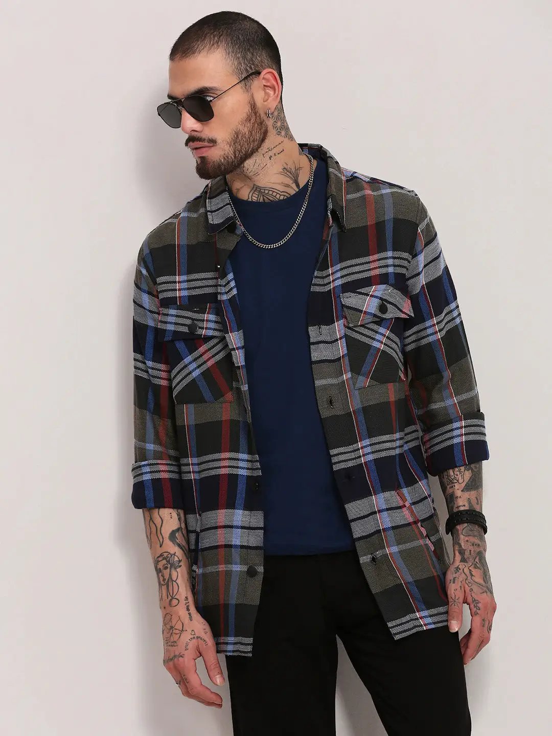 Buy Men's Grey Tartan Checkered Relaxed Fit Shacket | Showoffff