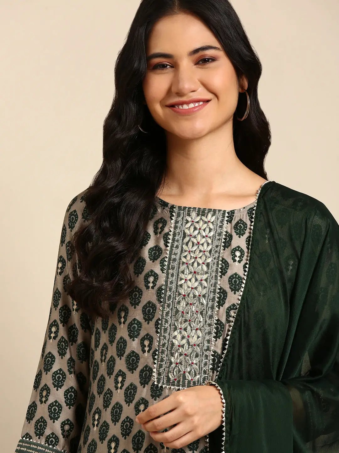 Shop Women's Graphic Ethnic Grey Straight Kurta Set with Dupatta ...