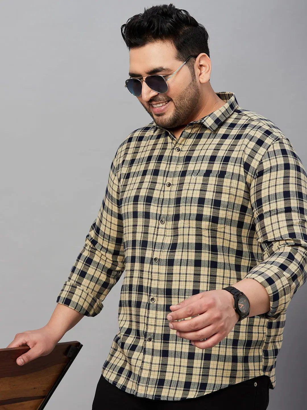 SHOWOFF Plus Men's Checked Beige Classic Shirt