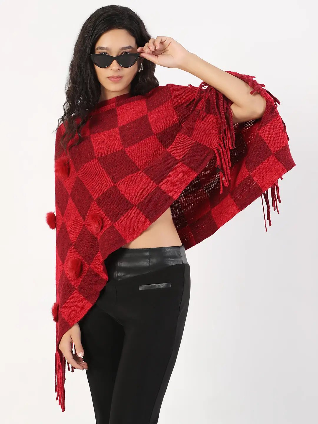 Buy Women's Round Neck Checked Red Poncho | Showoffff