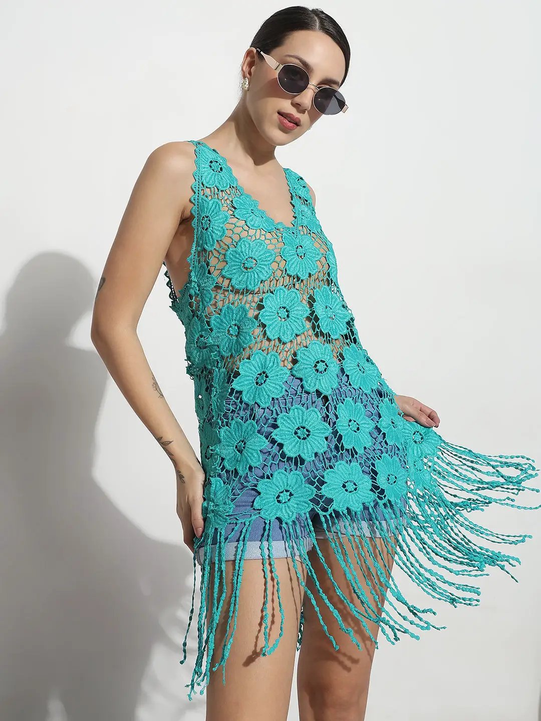 Shop Women's Floral Turquoise Blue V-Neck Longline Crochet Top with ...