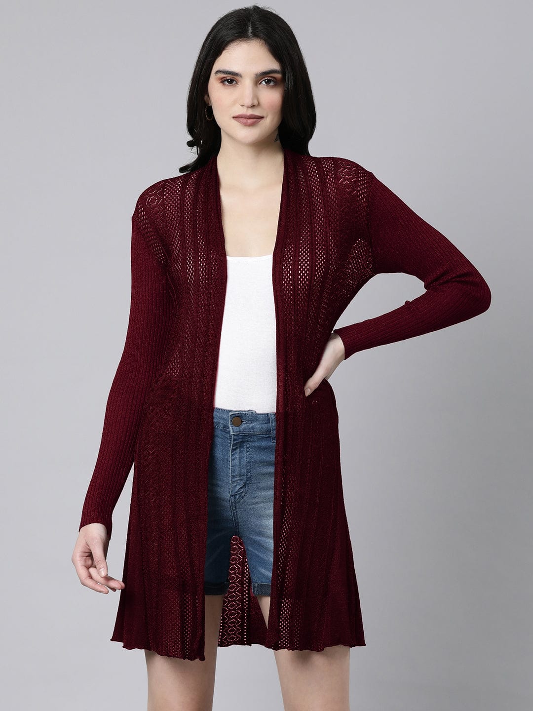 SHOWOFFFF Women's Textured Knit Maroon Open-Front Long Shrug