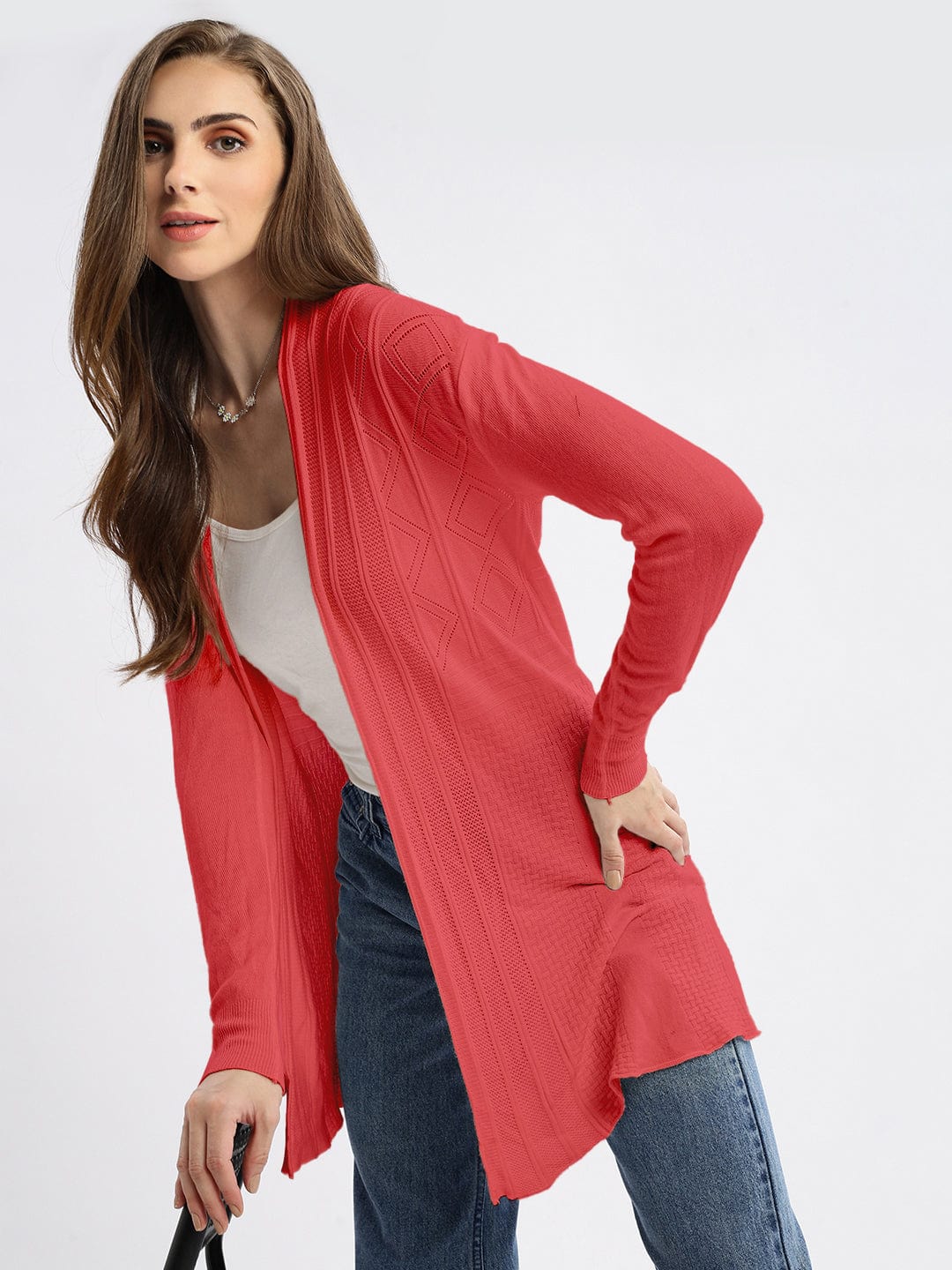 SHOWOFFFF Women's Textured Coral Open-Front Long Shrug