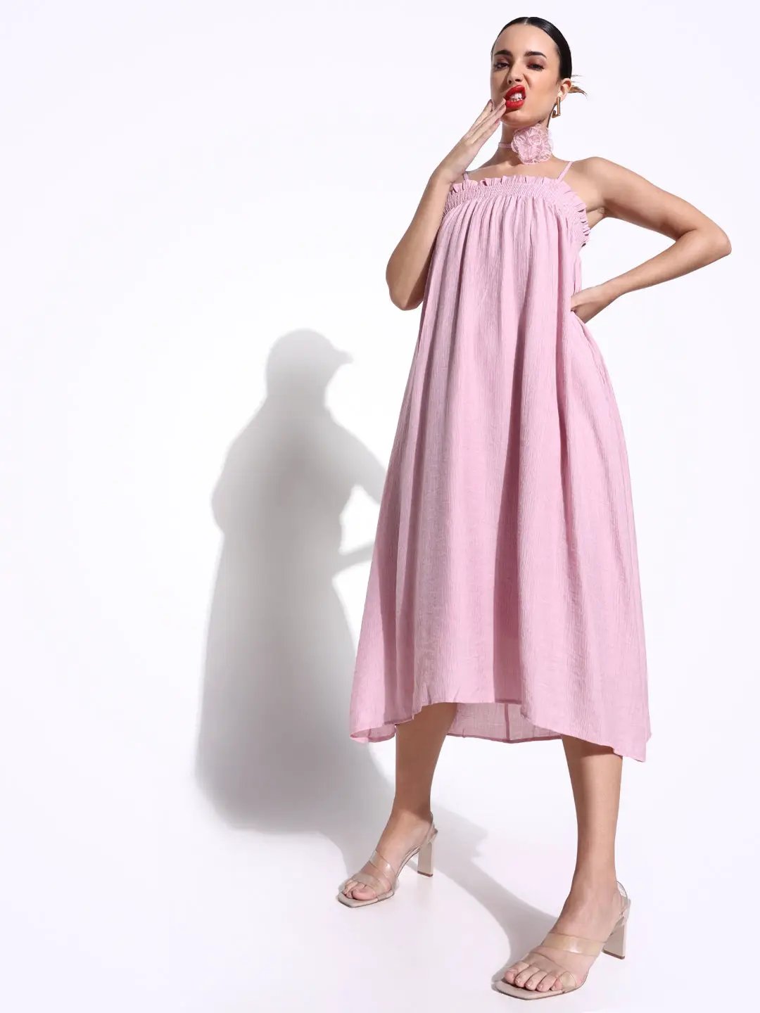 SHOWOFF Women's Solid Pink A-Line Dress with Flower Bow