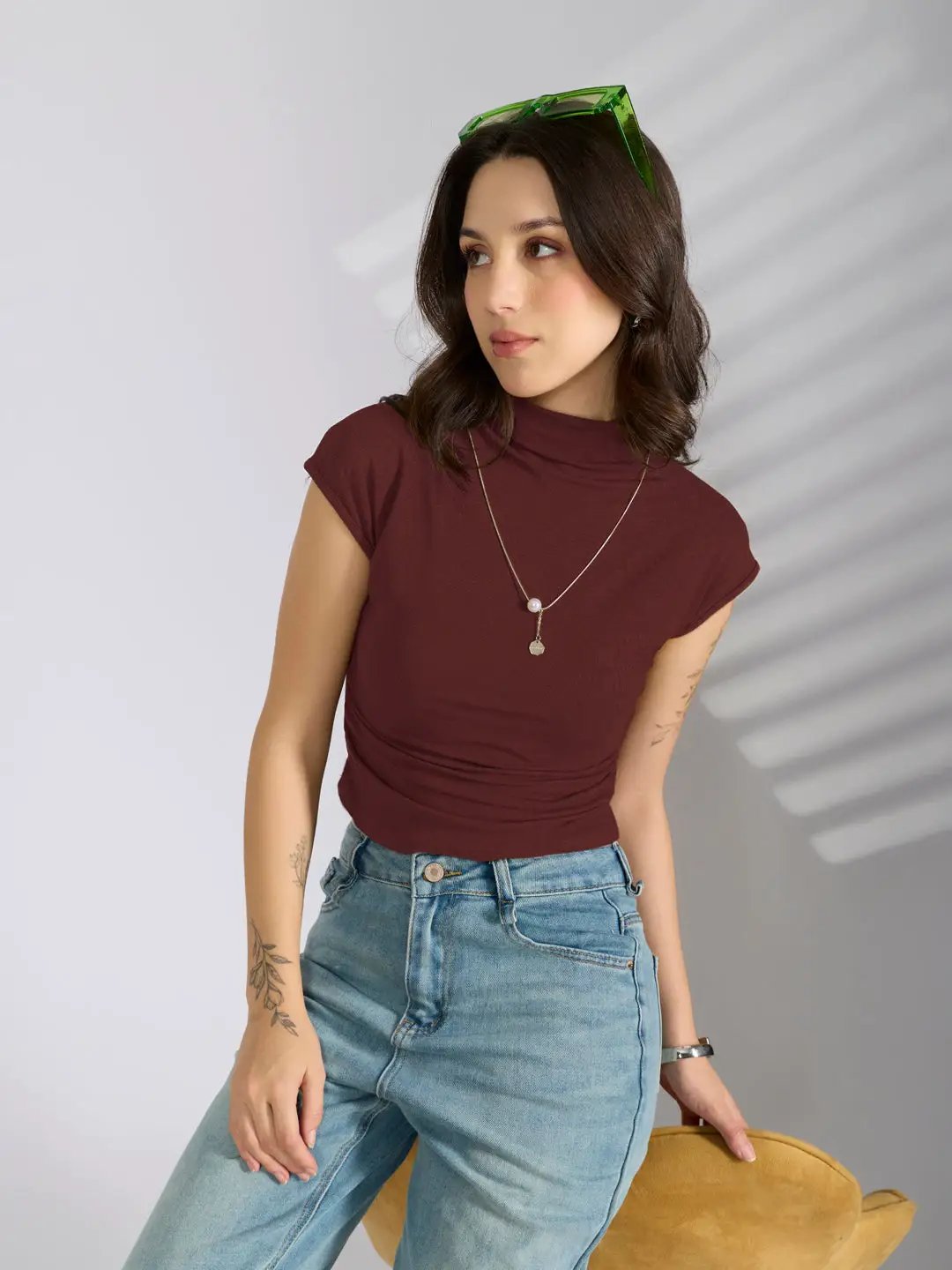 SHOWOFFFF Edition Women's Maroon Fitted Ruched Top with Chain