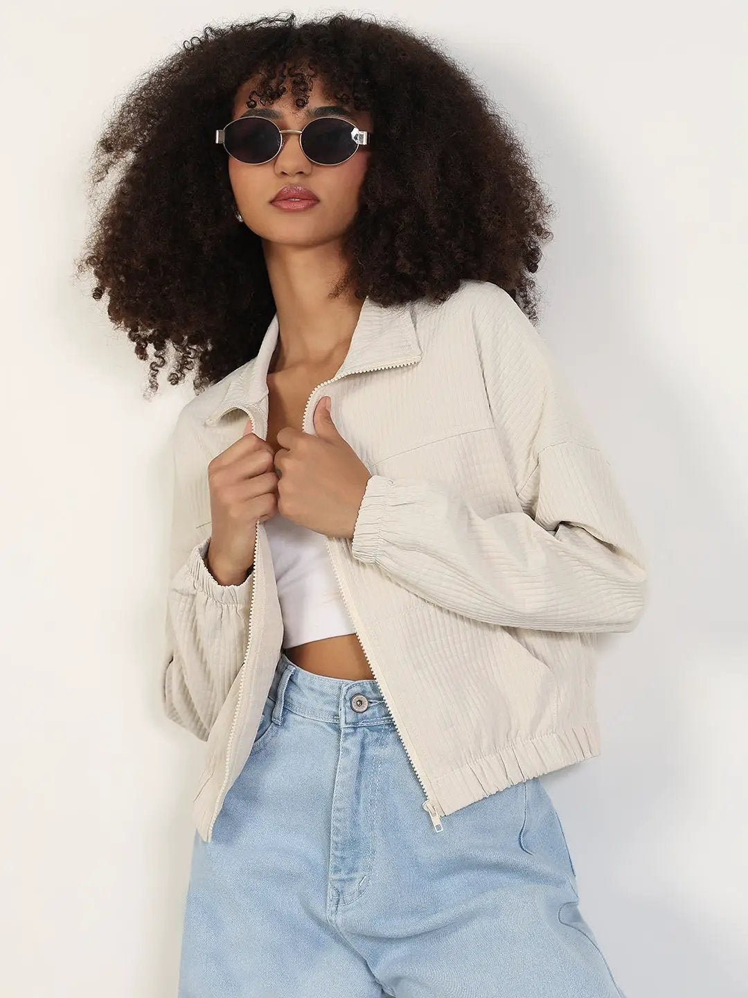 SHOWOFF Edition Women's Solid Cream Spread Collar Crop Bomber Jacket