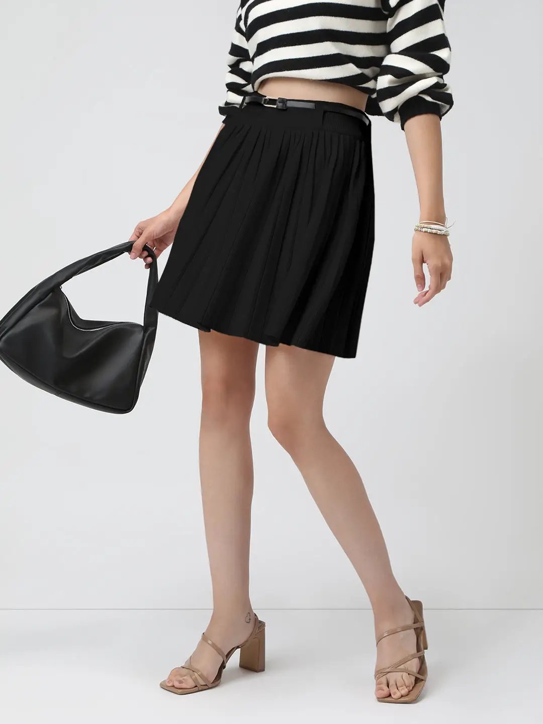 Shop Women's Pleated Black Mini Skirt with Belt | Showoffff