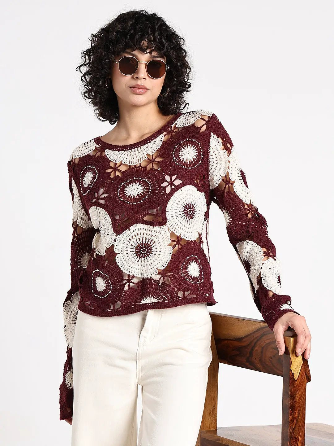 Shop Women's Floral Maroon Crochet Top | Showoffff
