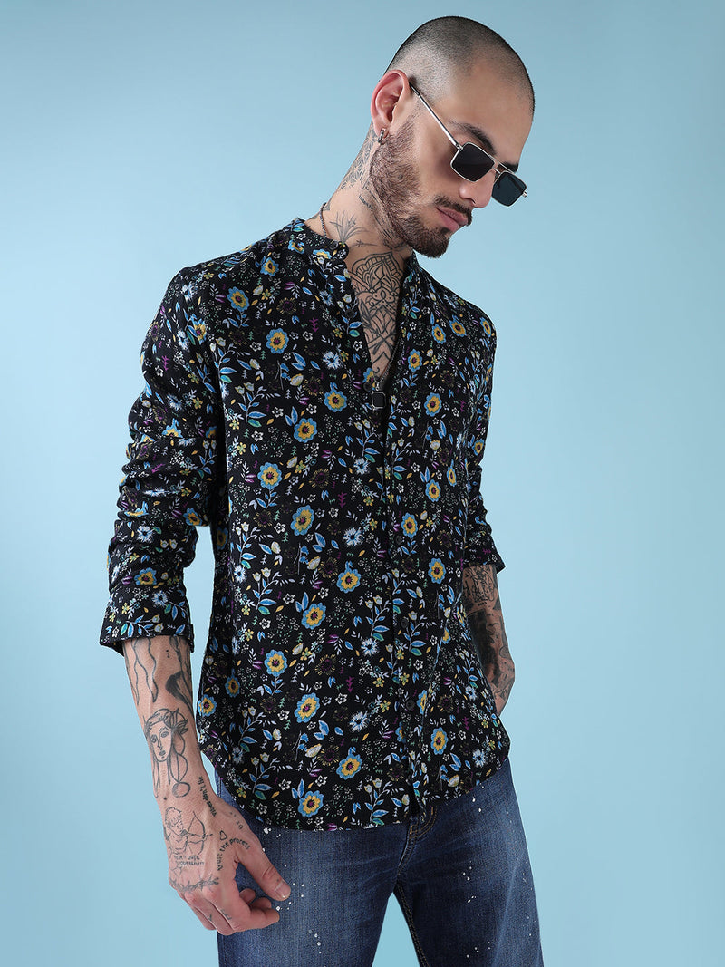 SHOWOFF Edition Men's Black Floral Mandarin Collar Slim Fit Shirt