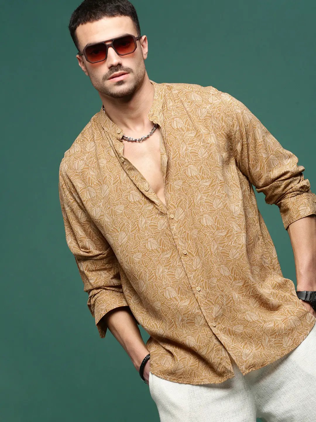 SHOWOFF Men's Mustard Floral Slim Fit Shirt