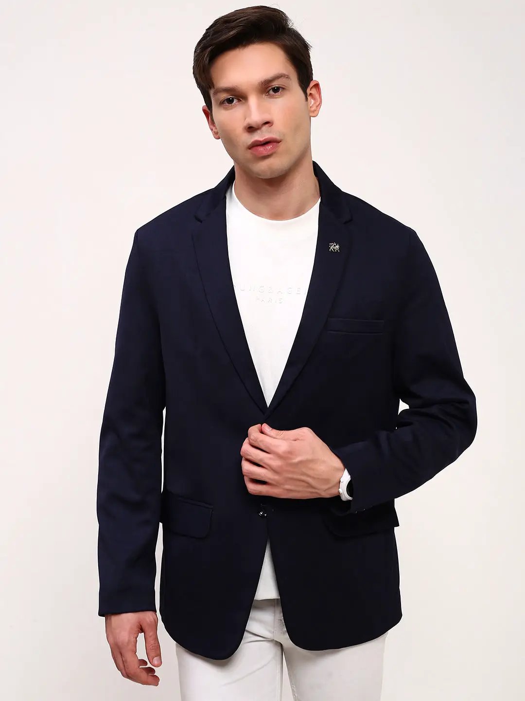 Buy Men's Navy Blue Solid Single Breasted Blazer Online | Showoffff