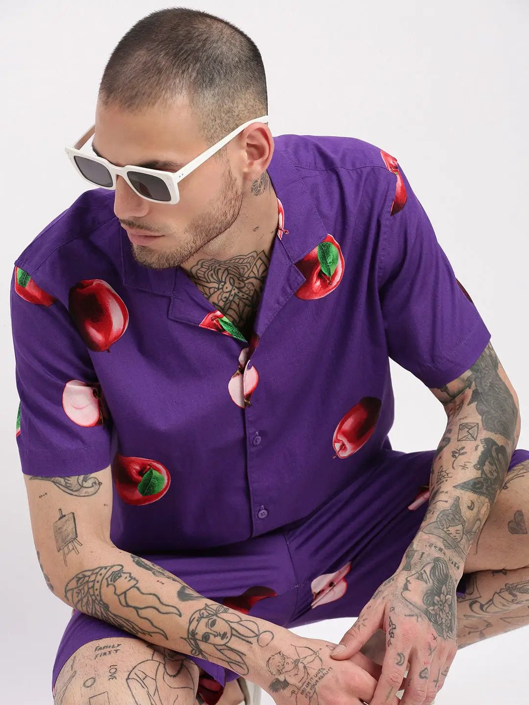 Buy Men's Graphic Cuban Collar Purple Co Ords Set Online | Showoffff