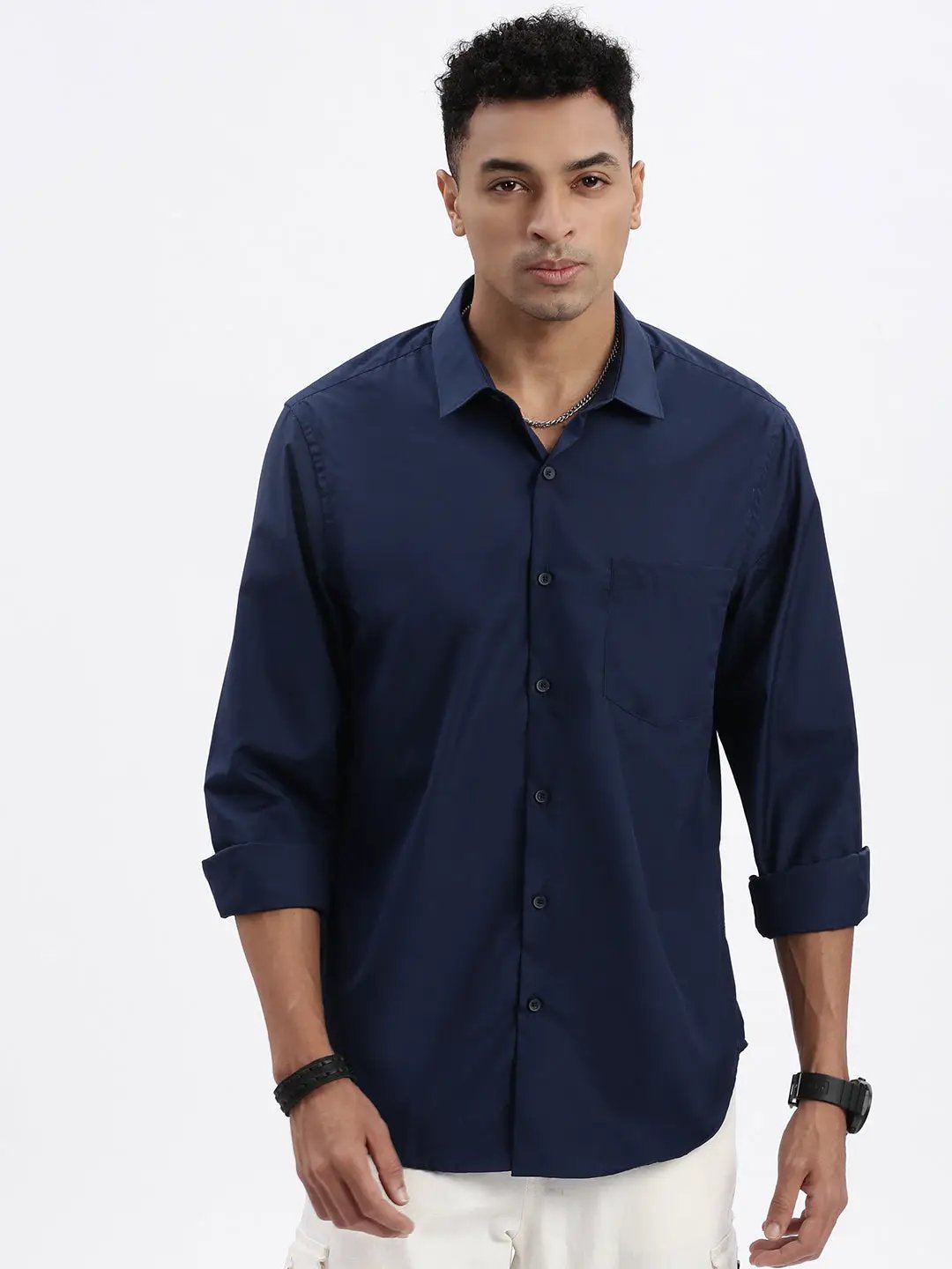 SHOWOFFFF Men's Navy Blue Solid Slim Fit Shirt