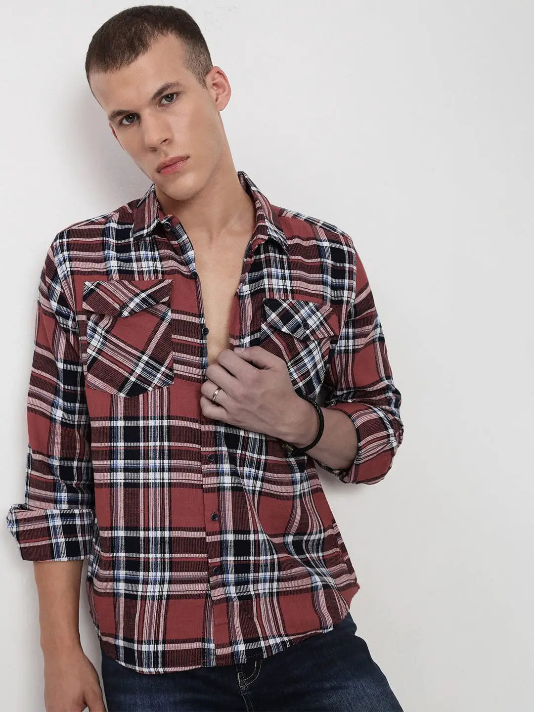 Buy Men's Red Tartan Checks Spread Collar Regular Fit Shirt | Showoffff