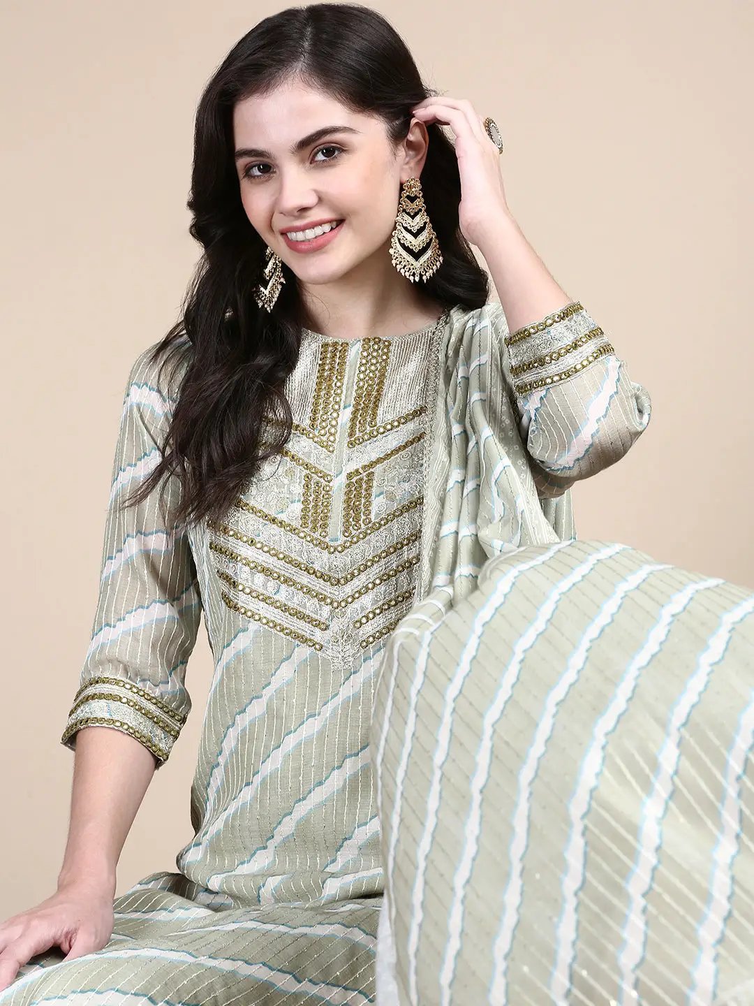 Shop Women's Green Leheriya Straight Kurta Set with Dupatta | Showoffff