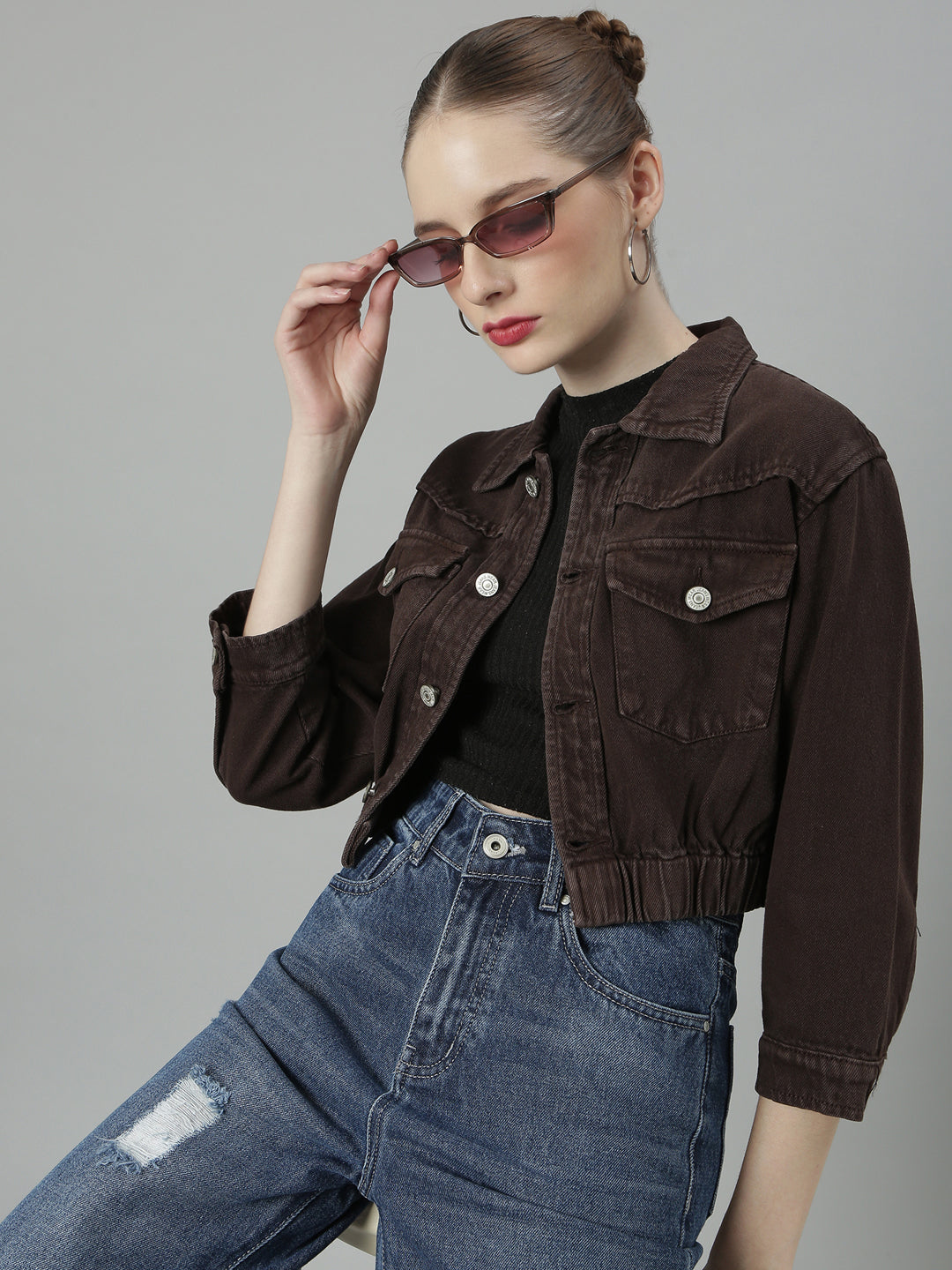SHOWOFF Women's Spread Collar Coffee Brown Solid Crop Denim Jacket