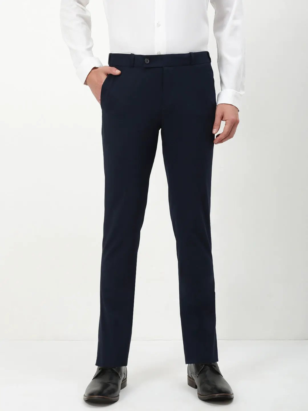 Buy Men's Navy Blue Solid Slim Fit Formal Trousers | Showoffff