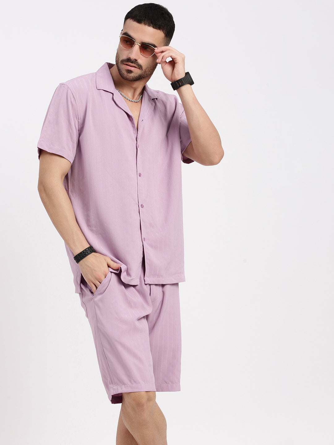 SHOWOFF Men's Lavender Cuban Collar Solid Co-ords Set