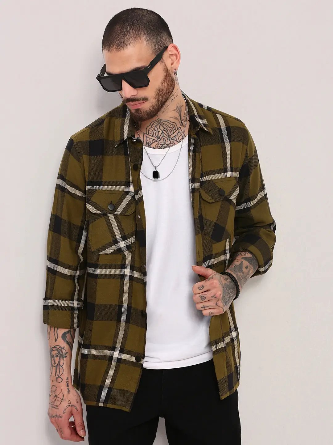 Buy Men's Green Checkered Relaxed Fit Shacket | Showoffff