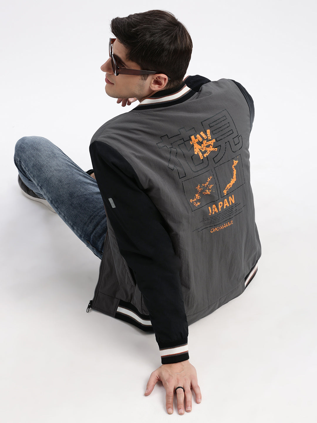 SHOWOFF Men's Colourblocked Mandarin Collar Grey Bomber Jacket