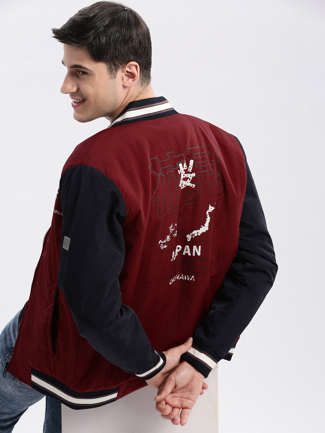 SHOWOFF Men's Colourblocked Mandarin Collar Maroon Bomber Jacket