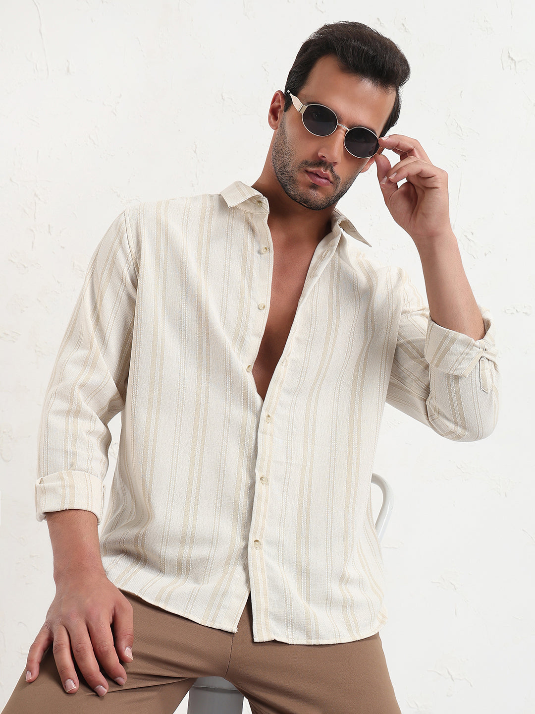 Buy Men's Cream Striped Slim Fit Shirt Online | Showoffff