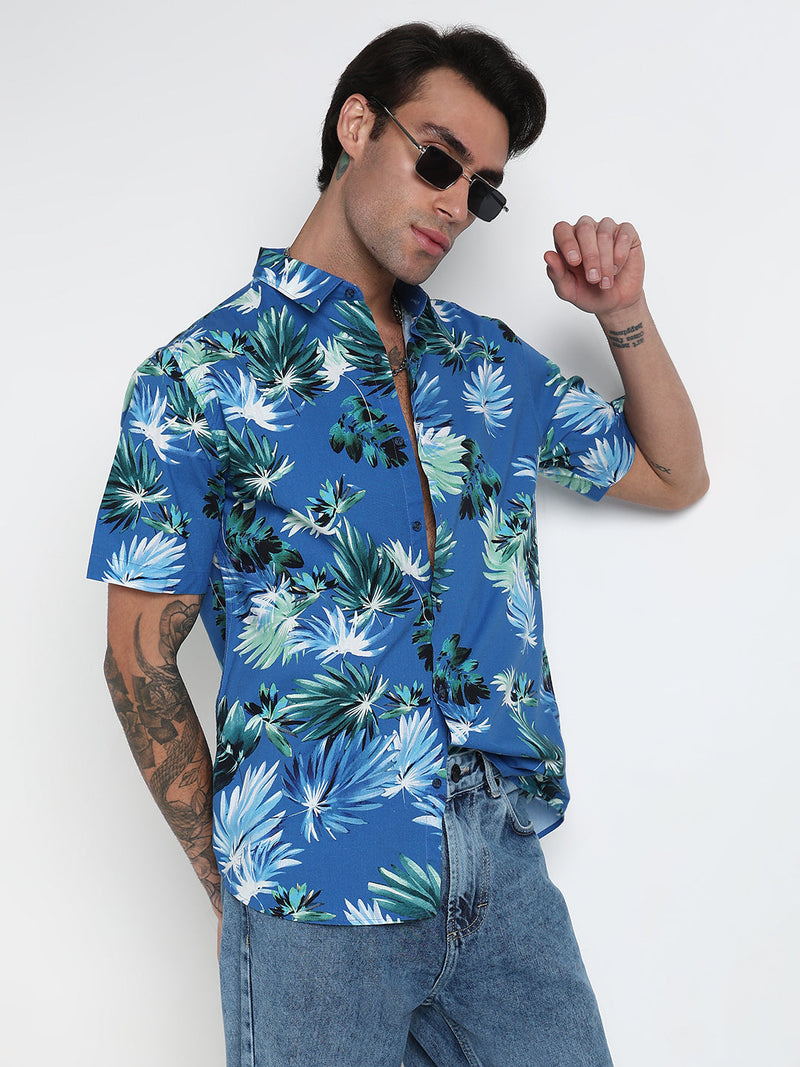 SHOWOFF Men's Blue Floral Slim Fit Shirt
