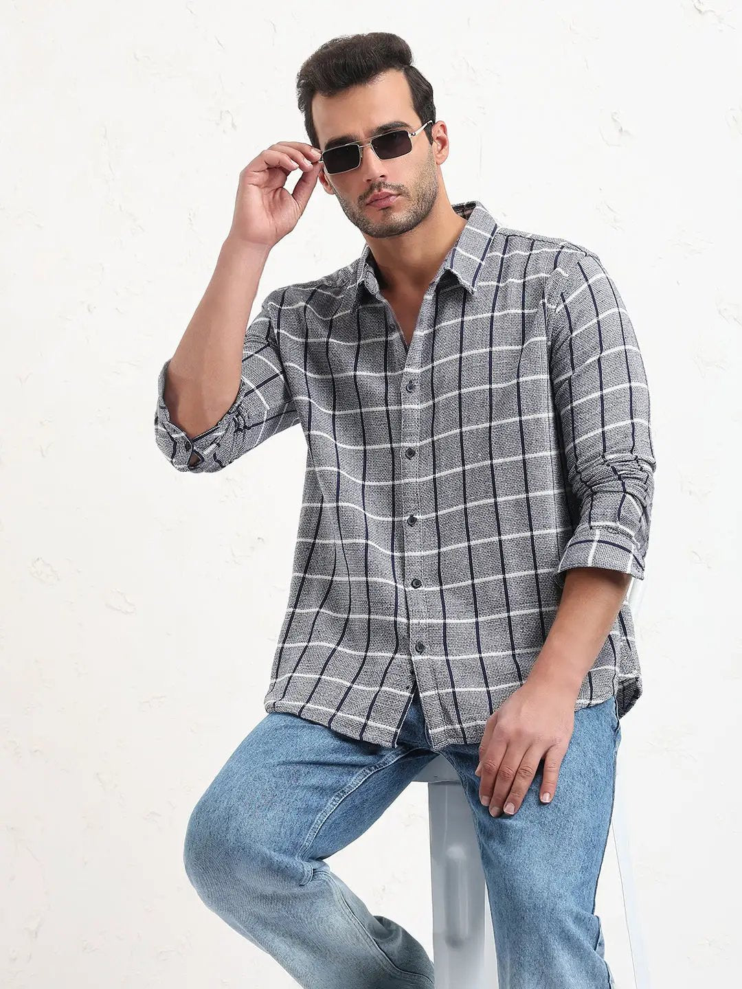 SHOWOFFFF Men's Blue Checked Slim Fit Shirt