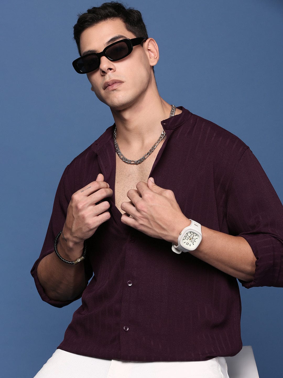 SHOWOFF Men's Mandarin Collar Solid Burgundy Slim Fit Shirt