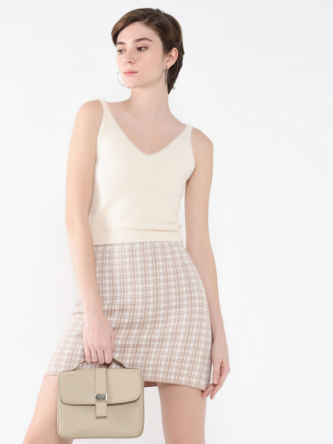 SHOWOFF Women's Solid Cream Fitted Top