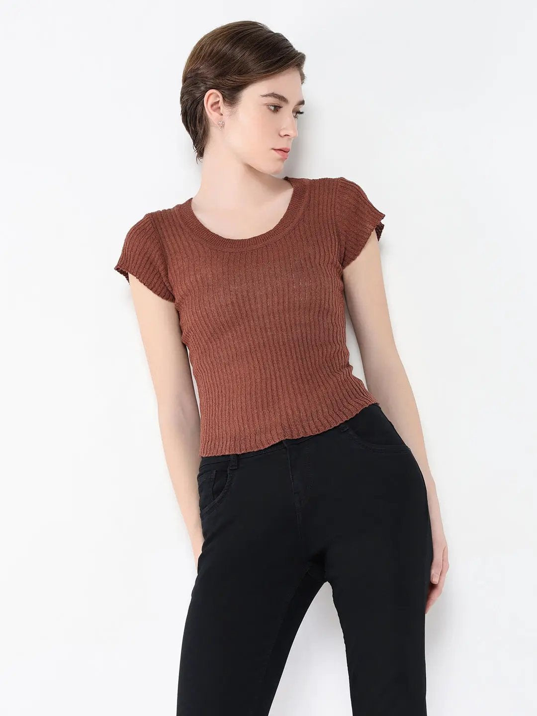 SHOWOFFFF Women's Solid Brown Top
