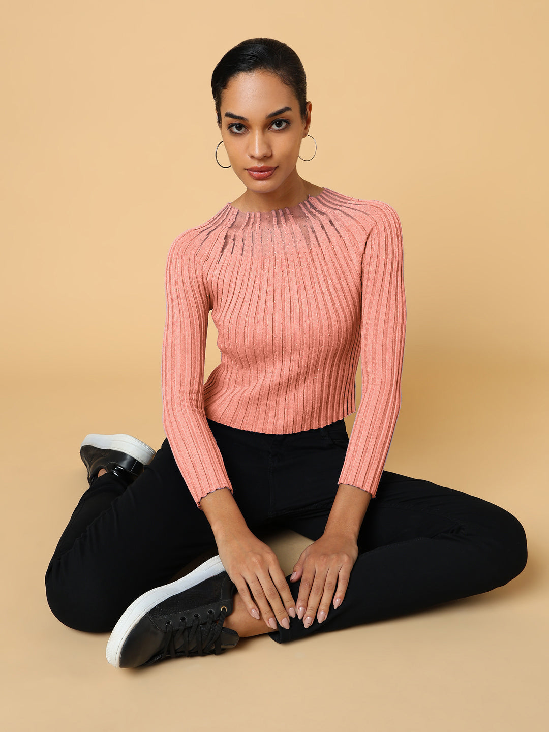 SHOWOFF Women's Self Design Peach Round Neck Crochet Top