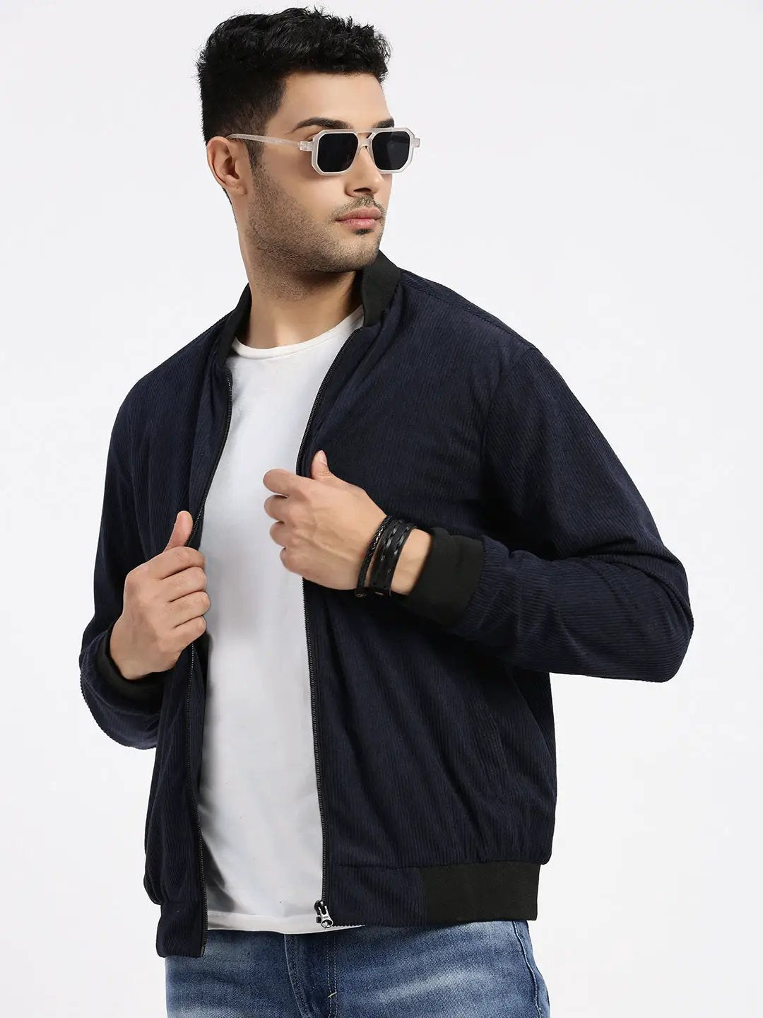 Buy Men's Navy Blue Self Design Corduroy Bomber Jacket Online | Showoffff