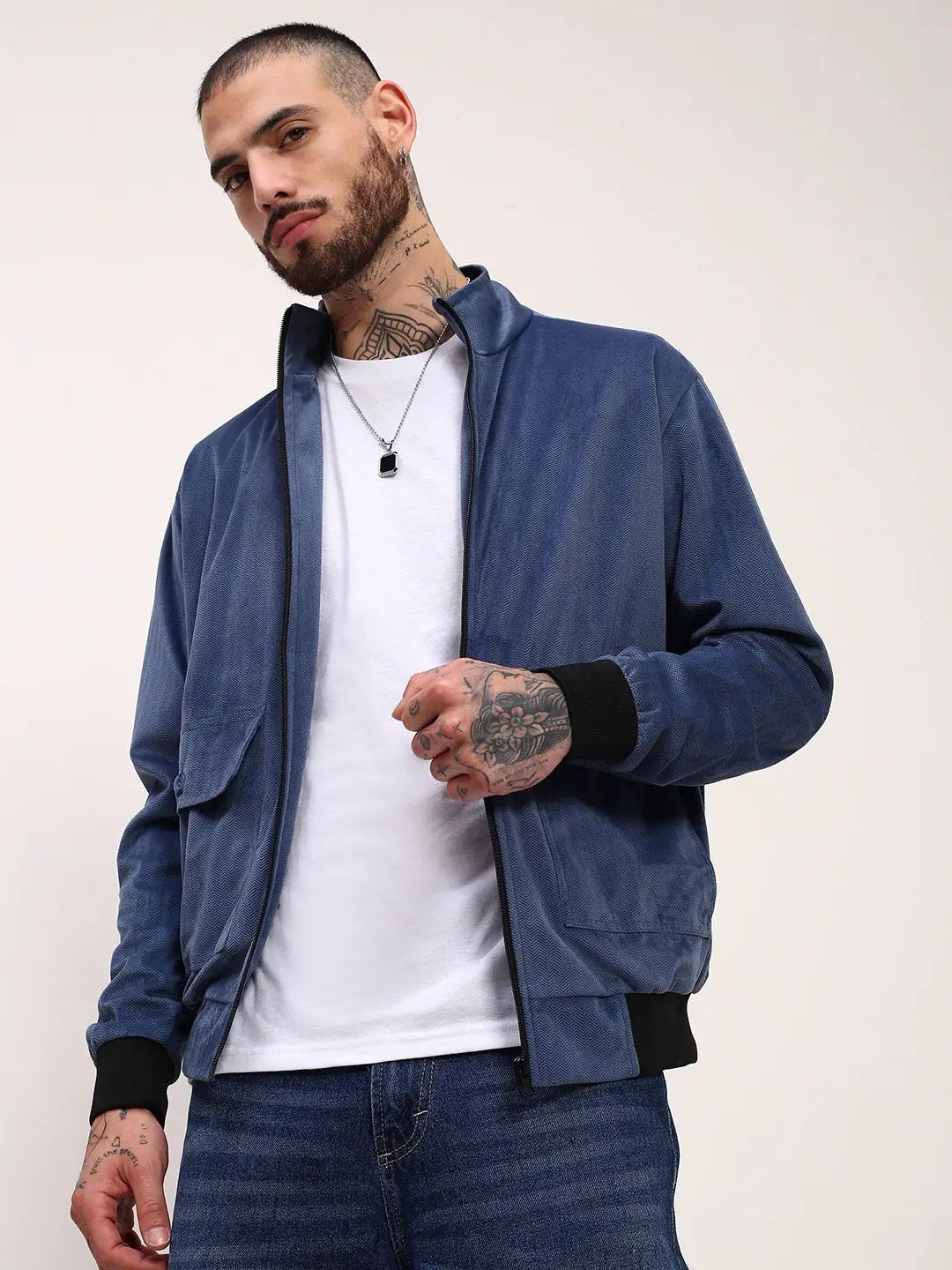 Buy Men's Blue Mock Collar Solid Bomber Jacket Online | Showoffff