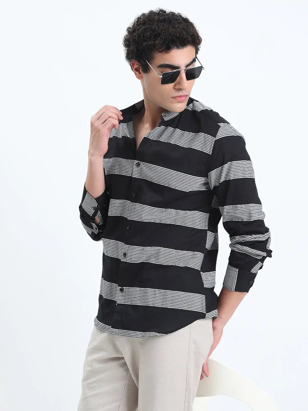 Buy Men's Striped Black Long Sleeve Shirt with Mandarin Collar | Showoffff