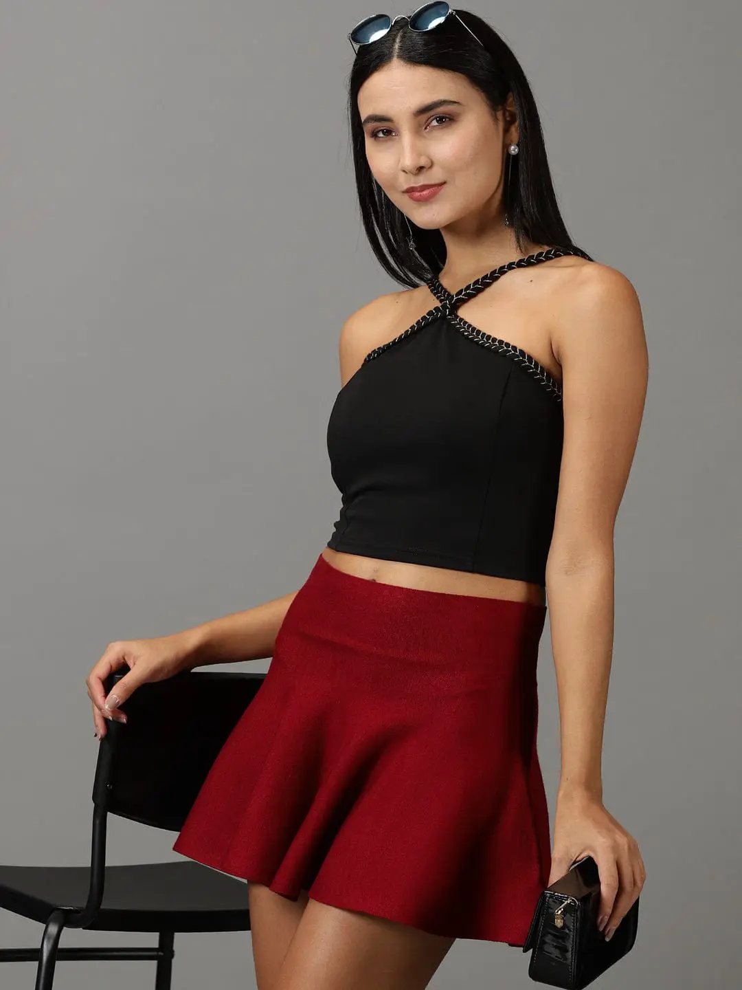 SHOWOFFFF Women's Halter Neck Solid Black Regular Top