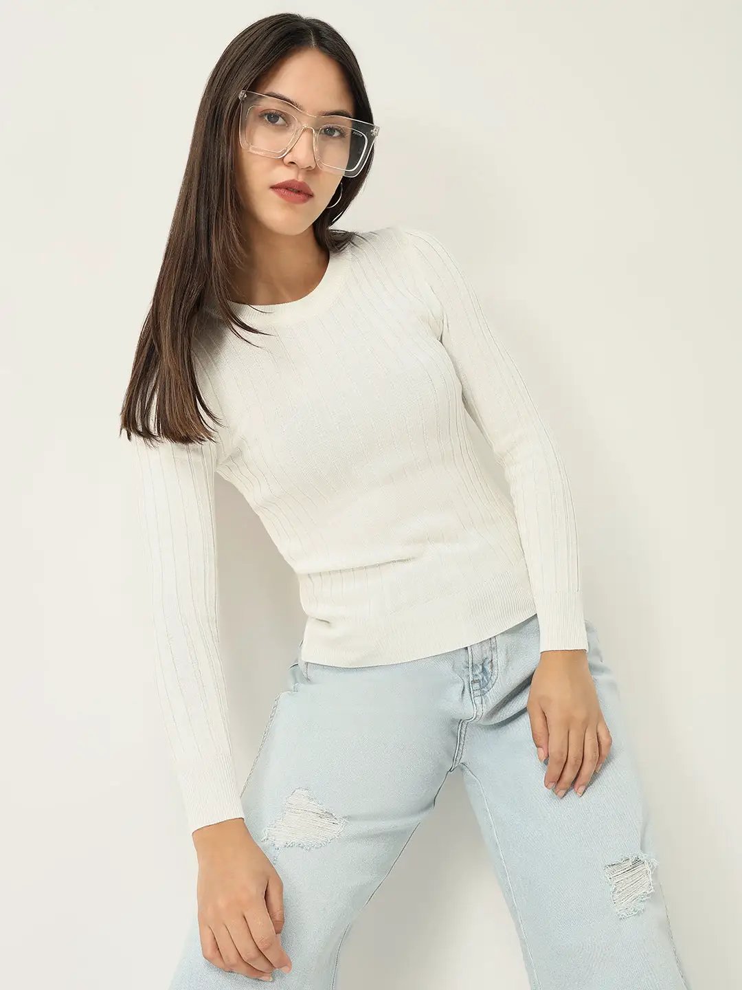 Shop Women's White Self Design Round Neck Acrylic Top | Showoffff