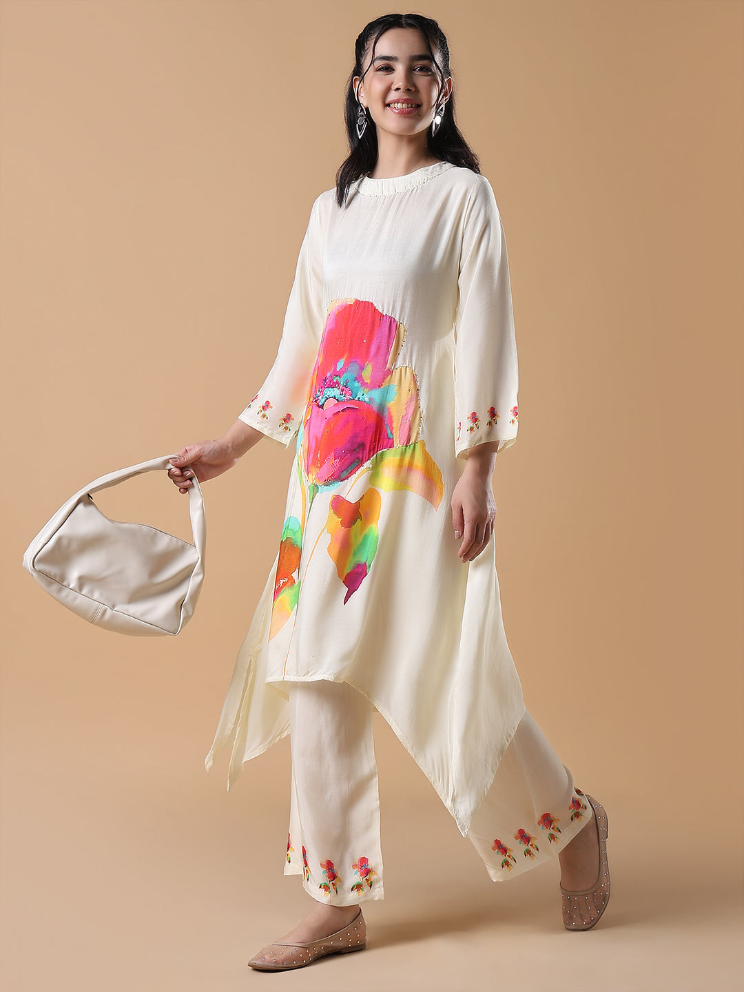 SHOWOFF Women's Floral A-Line Sequinned Cream Kurta and Trousers