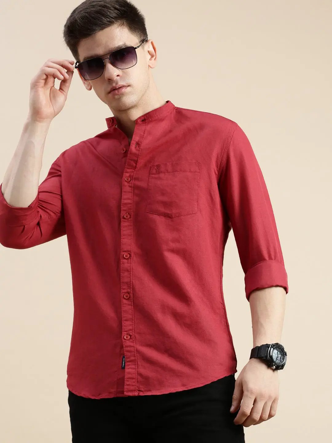 Shop Men's Mandarin Collar Solid Maroon Shirt | Showoffff