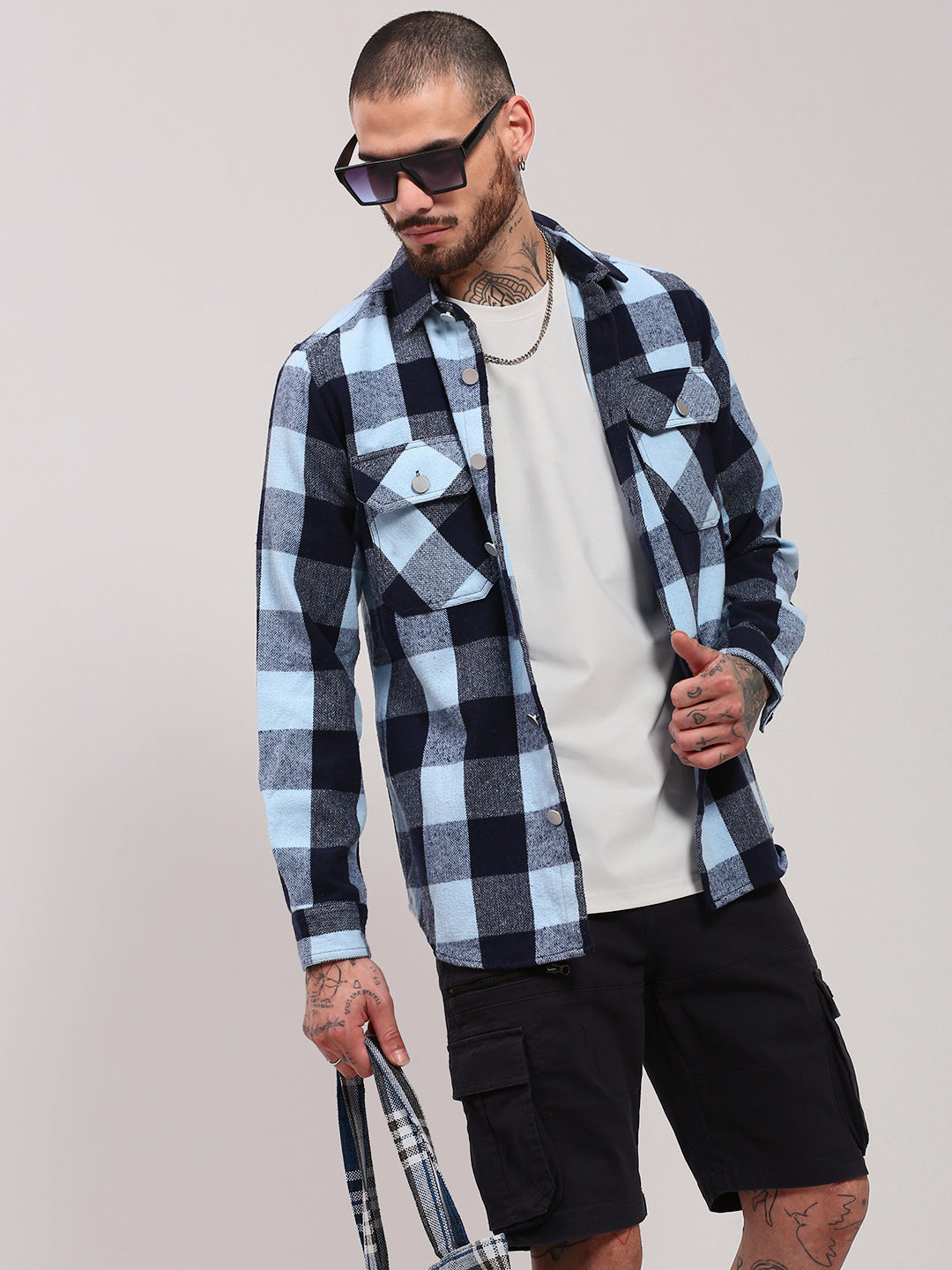 Shop Men's Blue Checked Shacket | Showoffff Fast Fashion