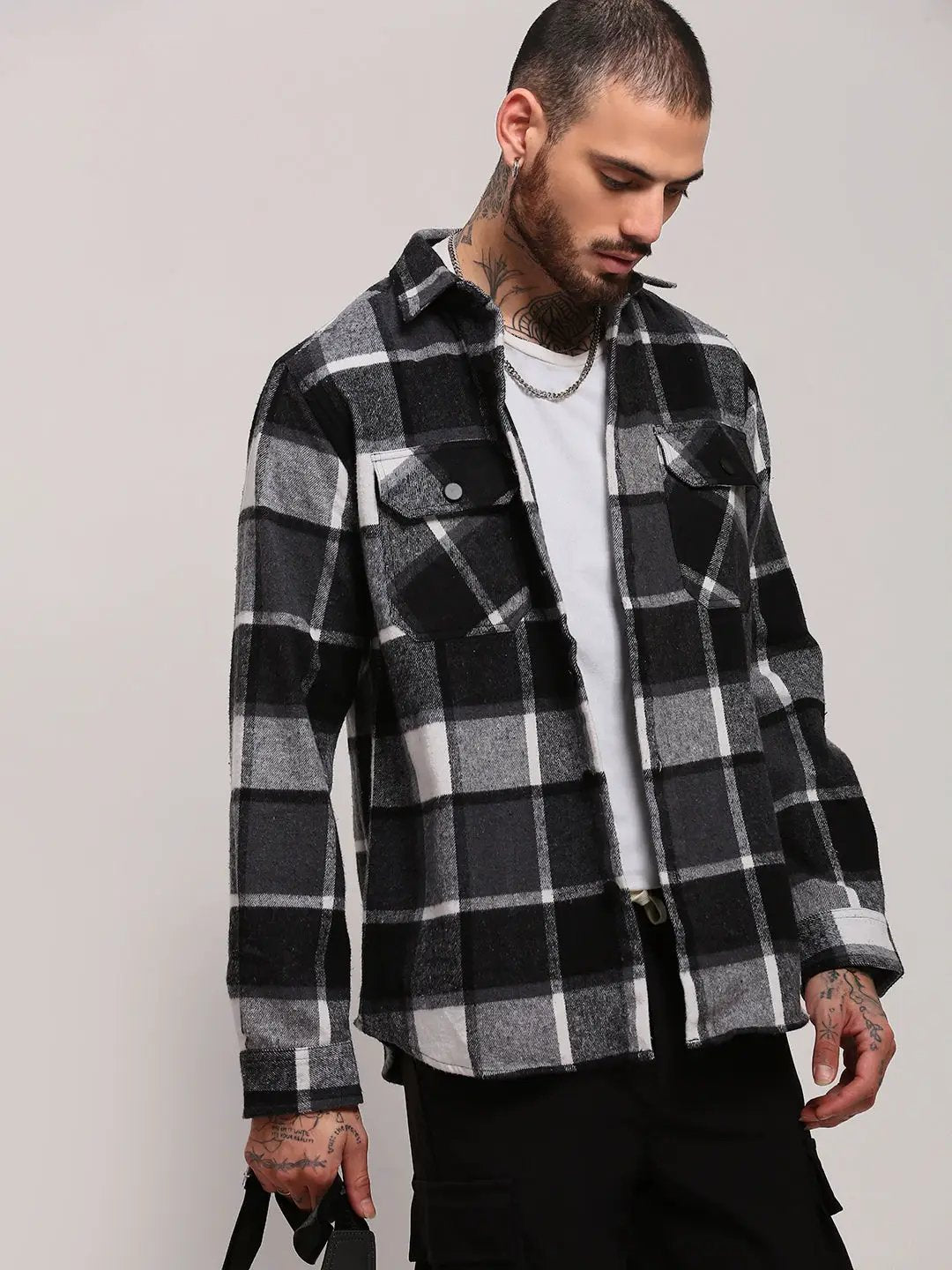Shop Men's Black Checked Relaxed Fit Shacket | Showoffff Fast Fashion