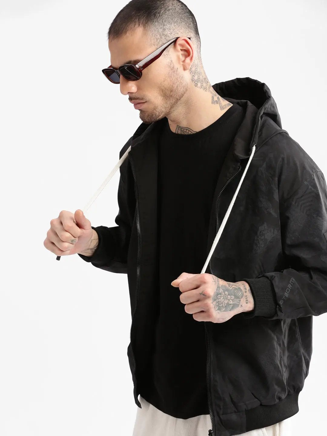 Buy Men's Hooded Black Abstract Reversible Bomber Jacket Online | Showoffff