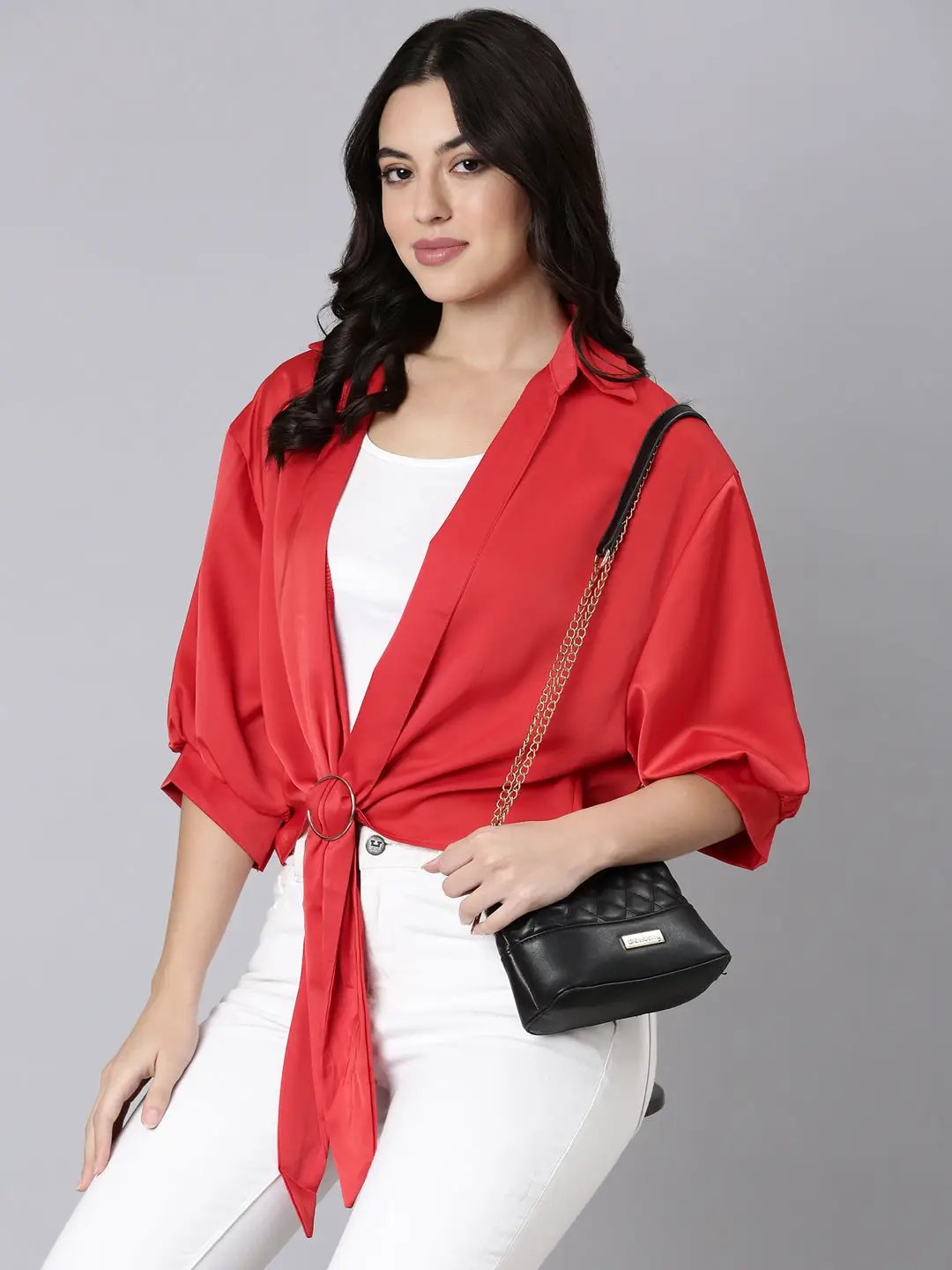 Shop Women's Red Puff Sleeve Satin Shirt Style Top | Showoffff